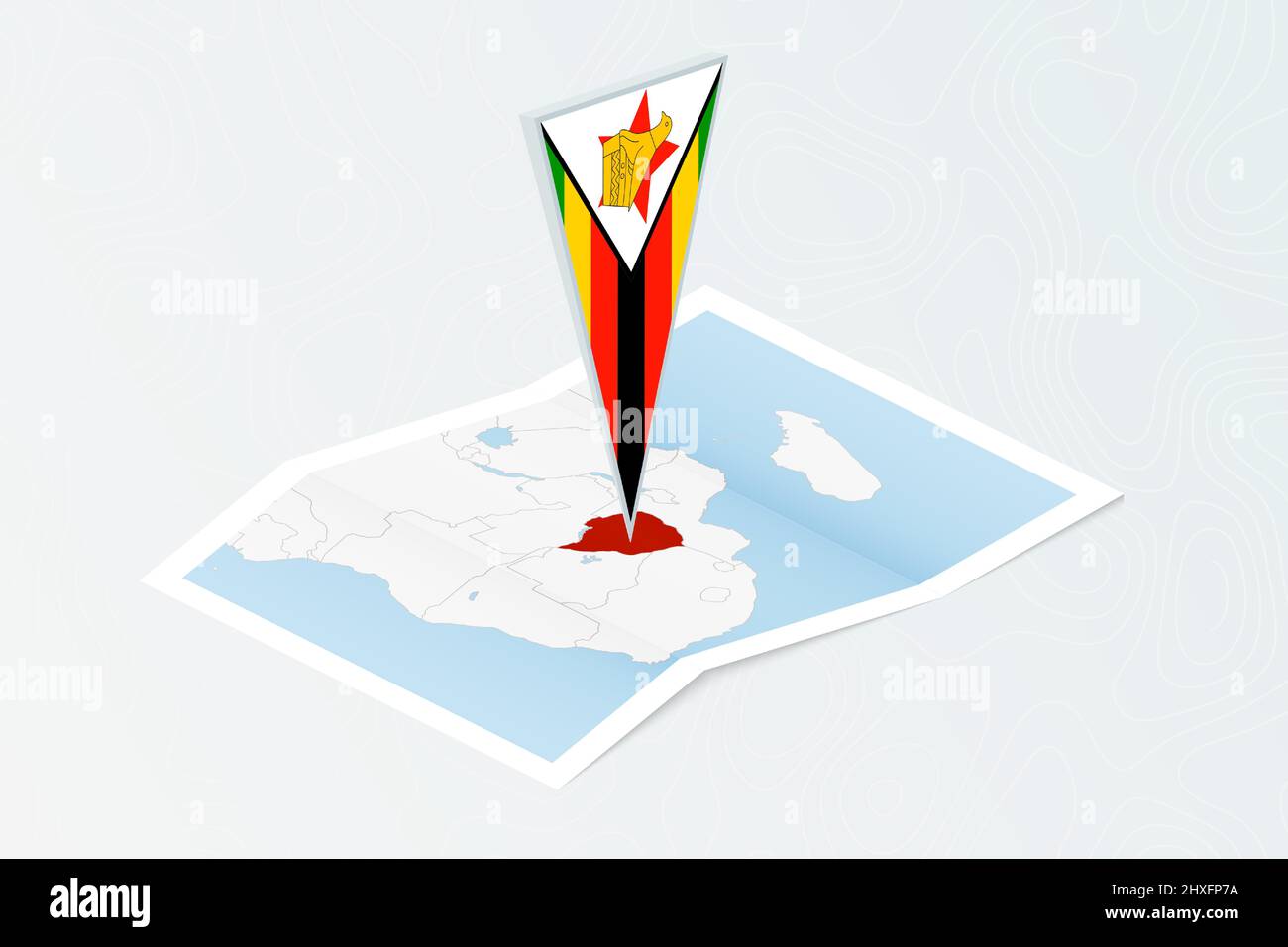 Isometric paper map of Zimbabwe with triangular flag of Zimbabwe in ...