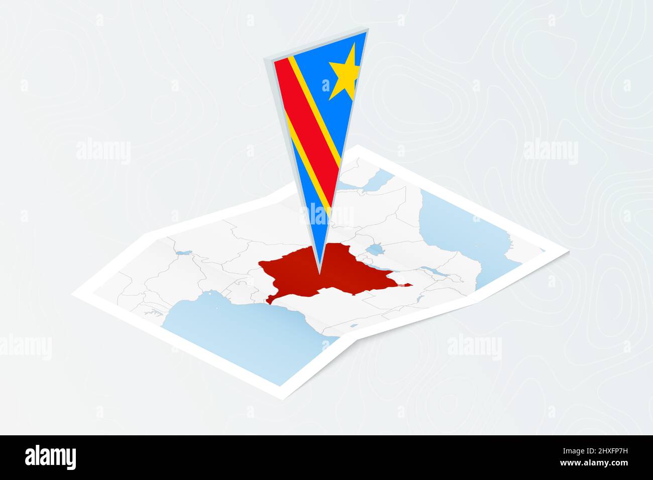 Isometric paper map of DR Congo with triangular flag of DR Congo in ...