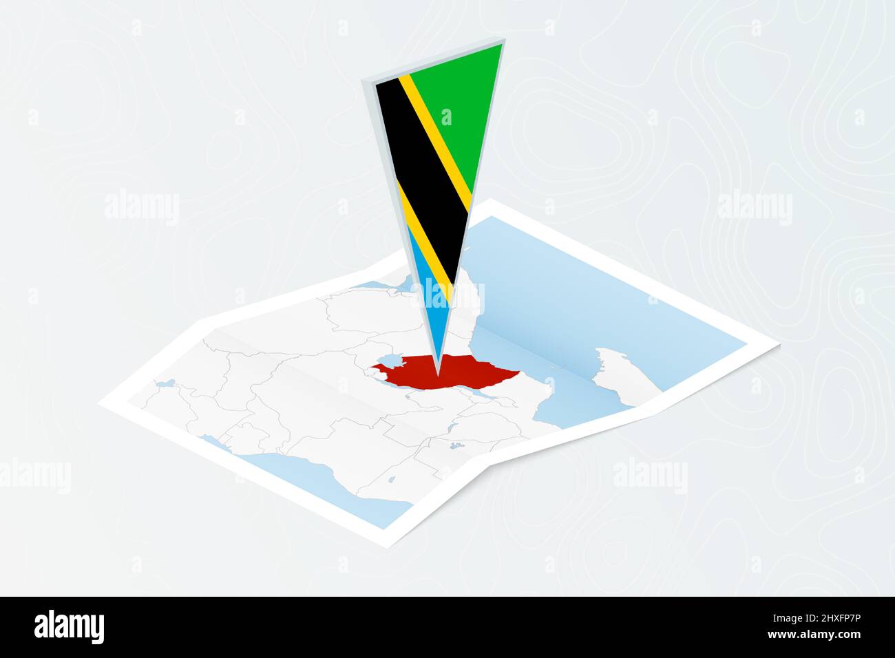 Isometric paper map of Tanzania with triangular flag of Tanzania in ...