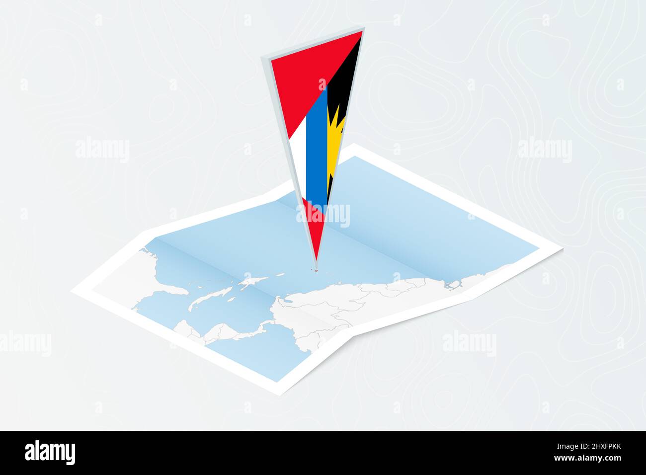 Isometric paper map of Antigua and Barbuda with triangular flag of ...