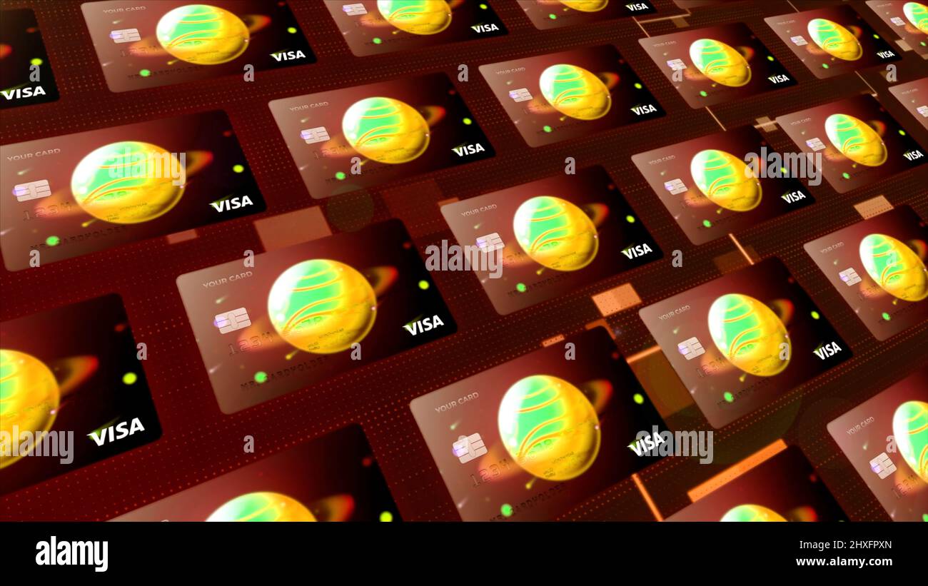 Rows of new virtual visa banc credit cards. Motion. Special card design ...