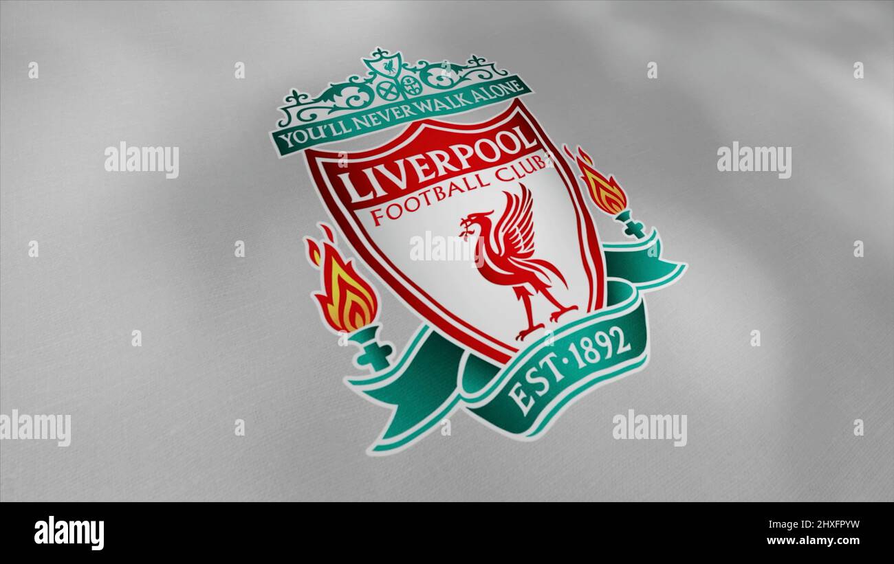 Abstract logotype of Liverpool football club on silver waving flag ...