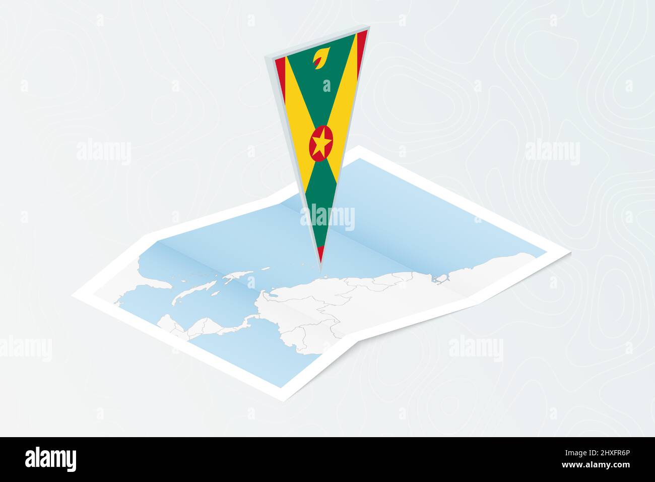 Isometric paper map of Grenada with triangular flag of Grenada in isometric style. Map on ...