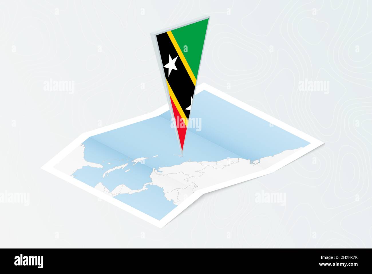 Isometric paper map of Saint Kitts and Nevis with triangular flag of ...