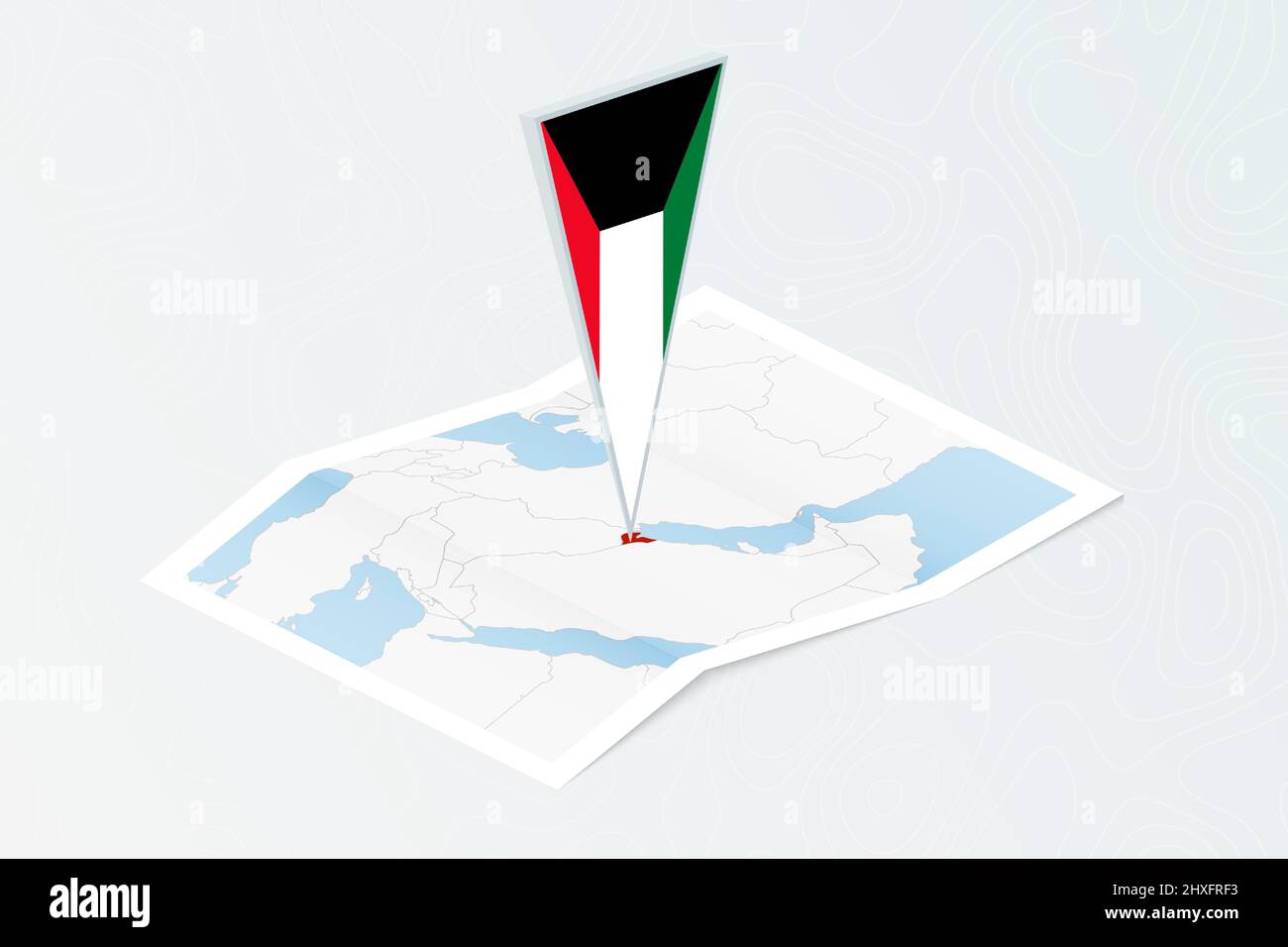 Isometric paper map of Kuwait with triangular flag of Kuwait in ...