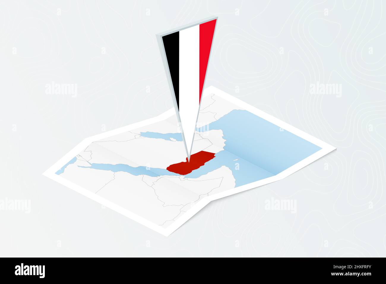 Isometric Paper Map Of Yemen With Triangular Flag Of Yemen In Isometric