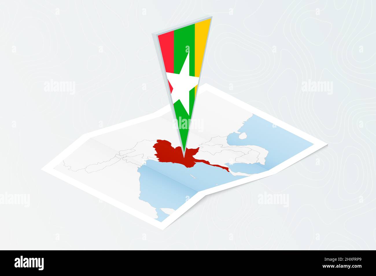 Isometric paper map of Myanmar with triangular flag of Myanmar in ...