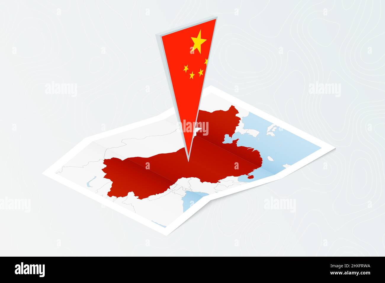 Isometric paper map of China with triangular flag of China in isometric ...
