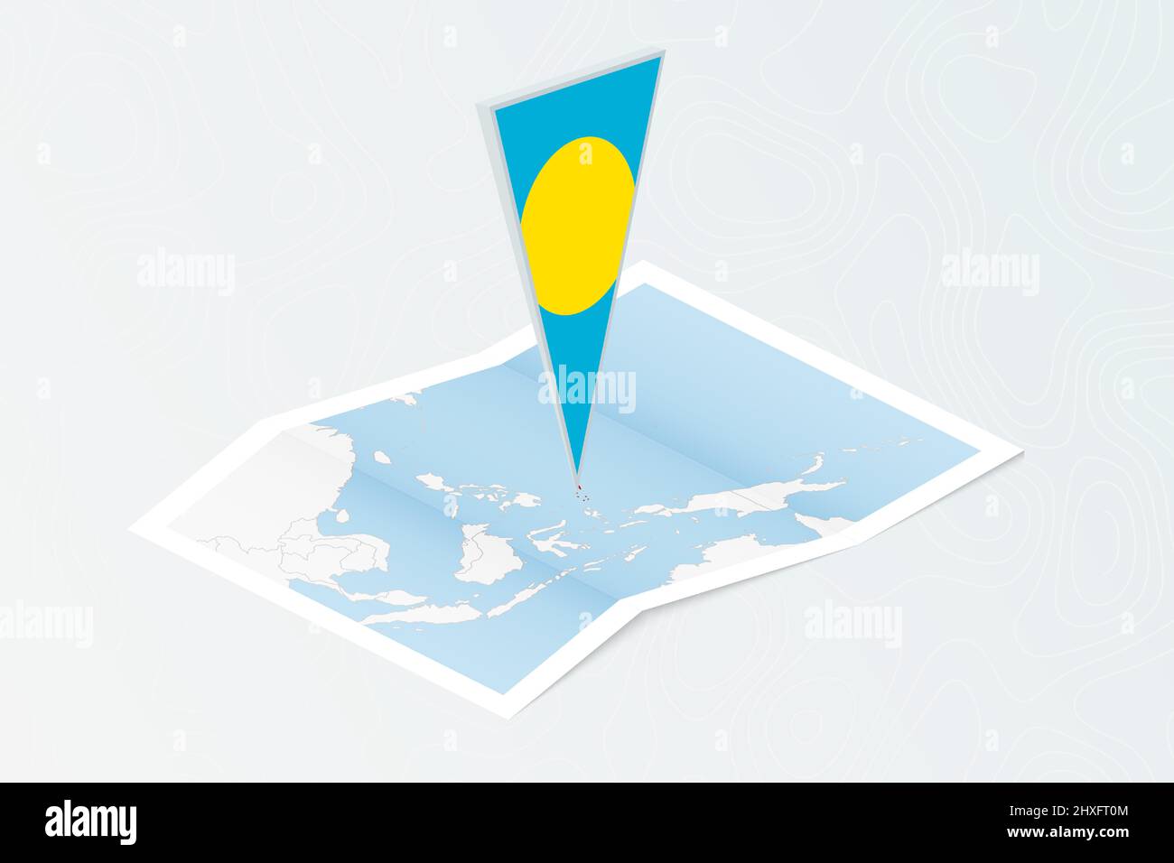 Isometric paper map of Palau with triangular flag of Palau in isometric style. Map on ...