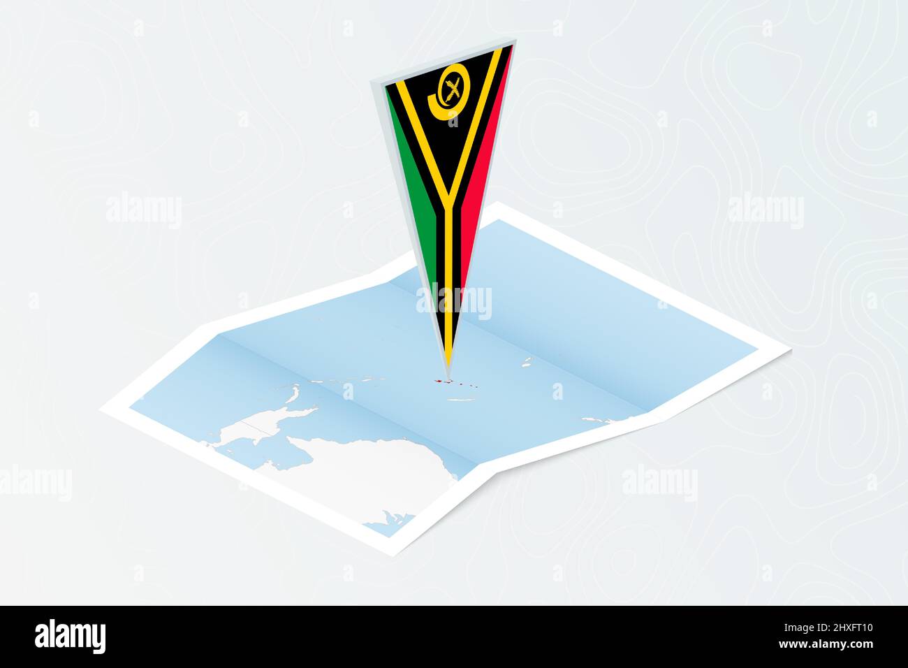Isometric paper map of Vanuatu with triangular flag of Vanuatu in ...