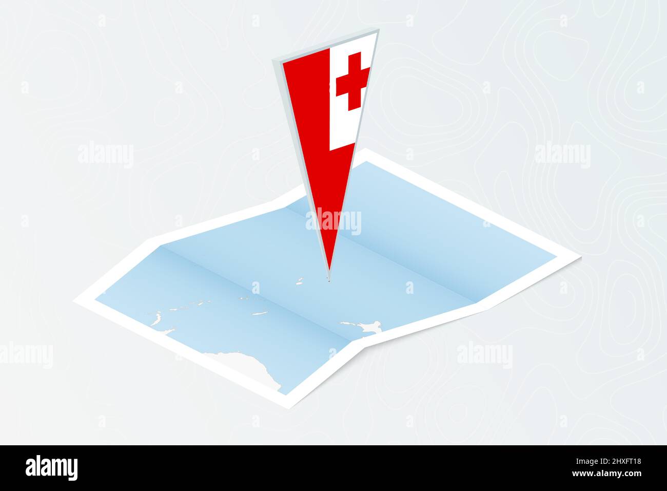 Isometric paper map of Tonga with triangular flag of Tonga in isometric ...