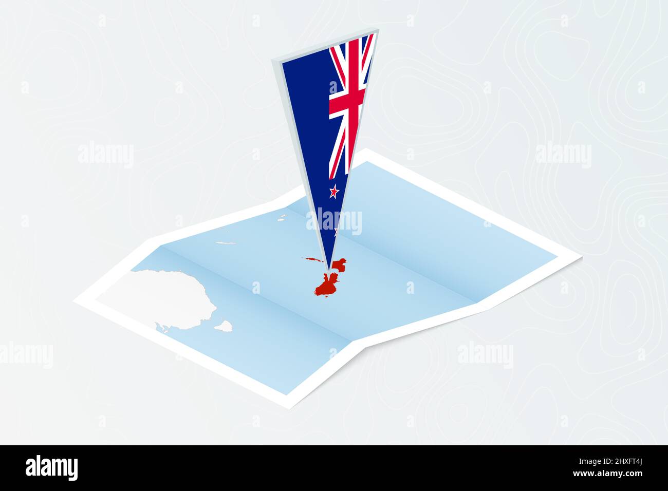 Isometric paper map of New Zealand with triangular flag of New Zealand ...