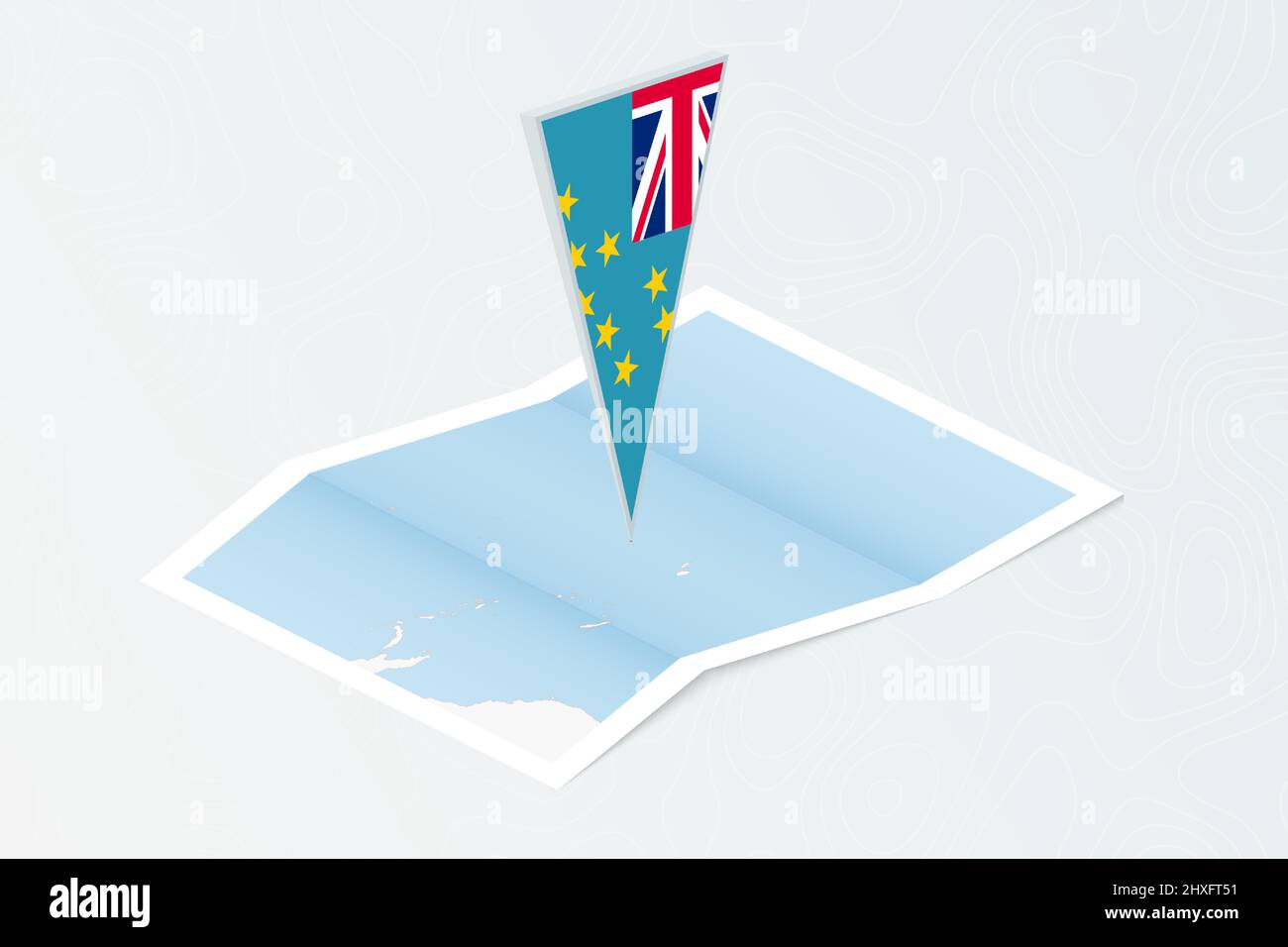 Isometric paper map of Tuvalu with triangular flag of Tuvalu in isometric style. Map on ...