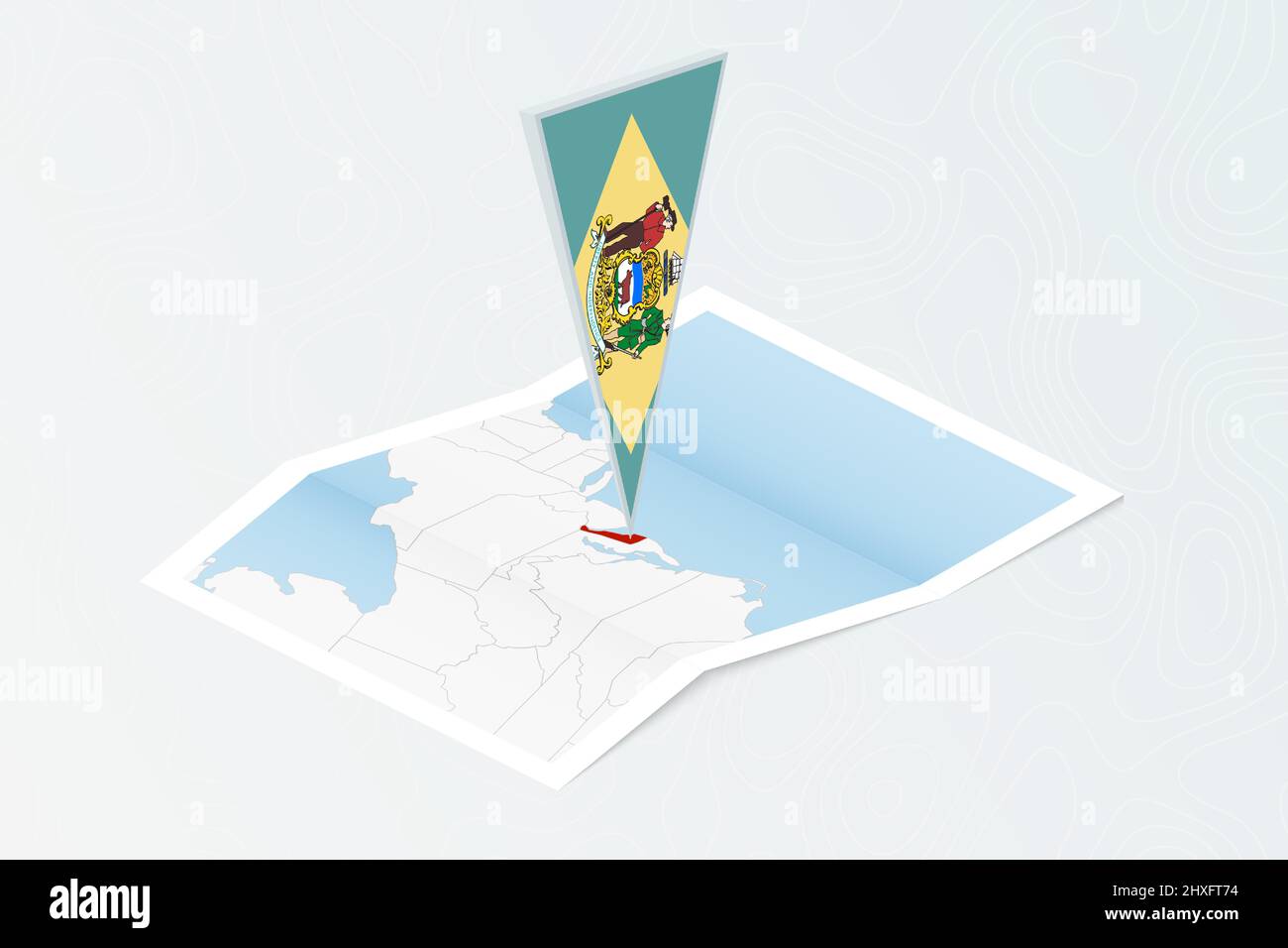 Isometric paper map of Delaware with triangular flag of Delaware in ...