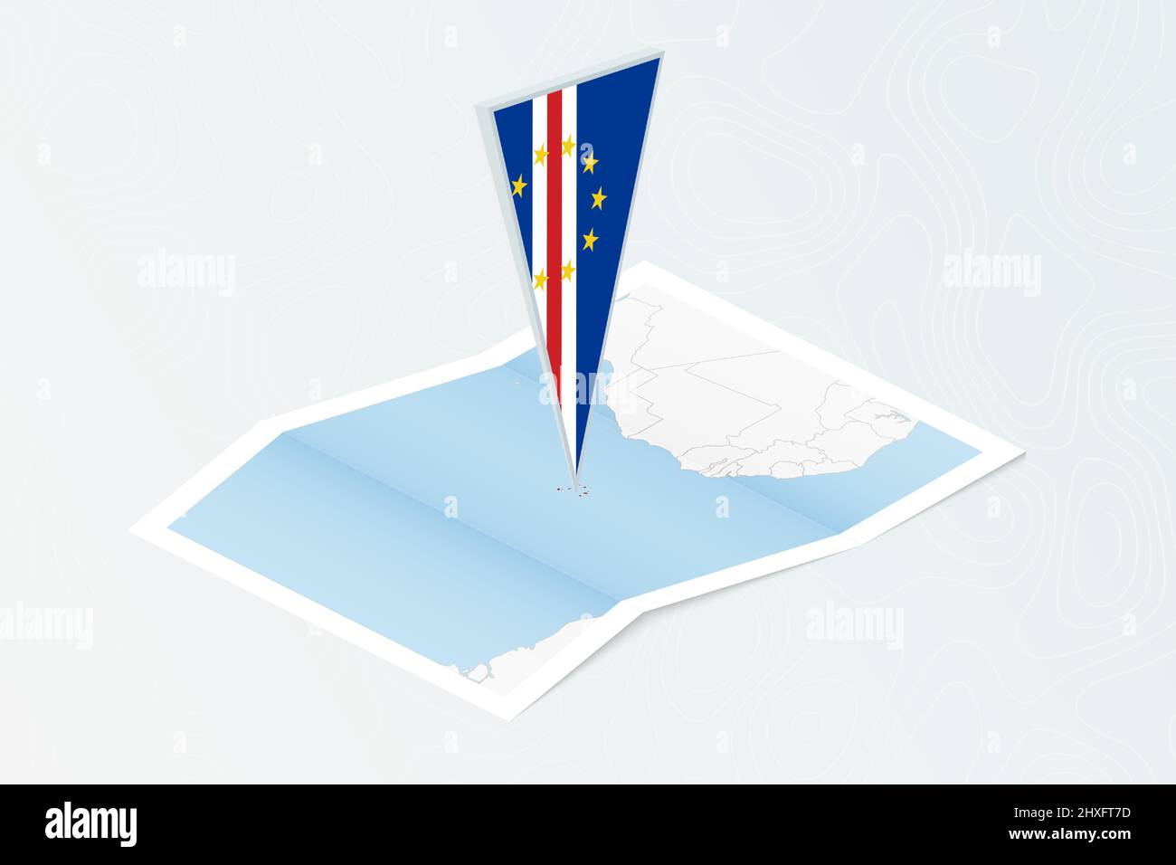 Isometric paper map of Cape Verde with triangular flag of Cape Verde in isometric style. Map on ...