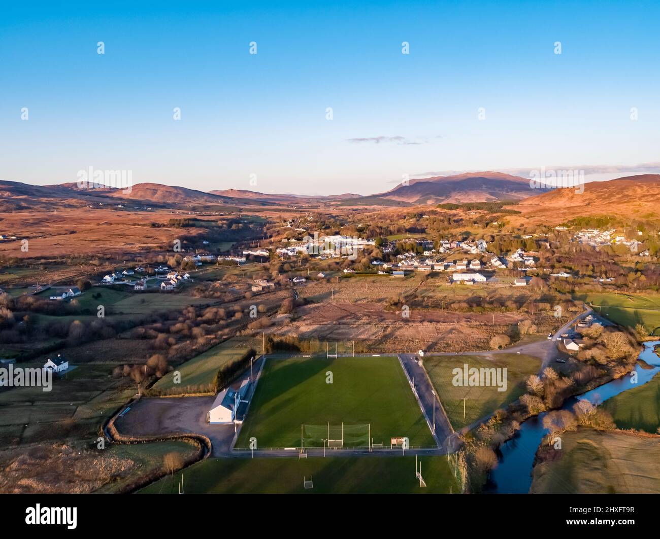 Aerial view of Glenties gaelic football pitch in County Donegal ...