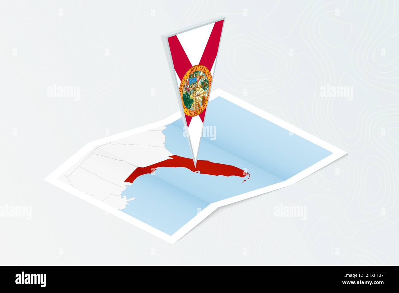 Isometric paper map of Florida with triangular flag of Florida in ...