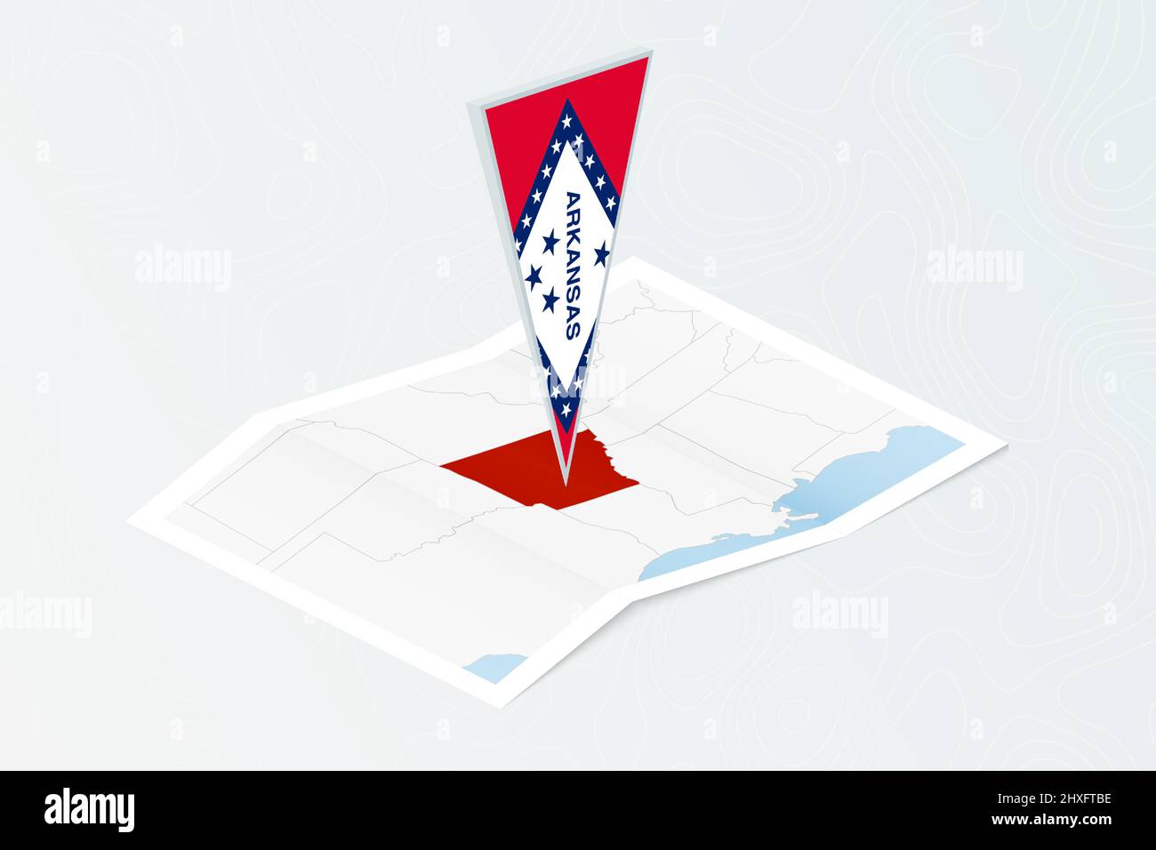Isometric paper map of Arkansas with triangular flag of Arkansas in ...