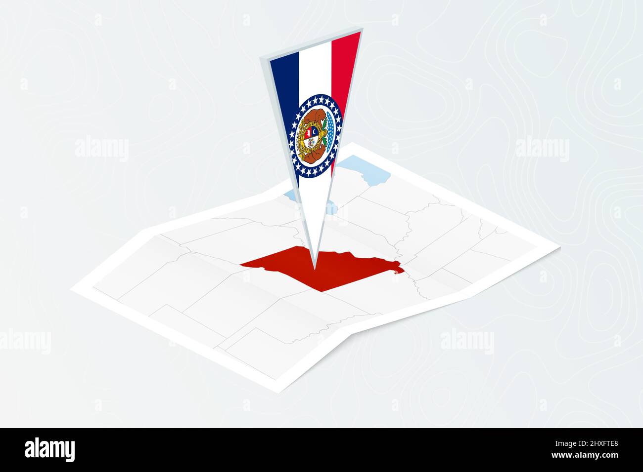 Isometric paper map of Missouri with triangular flag of Missouri in ...