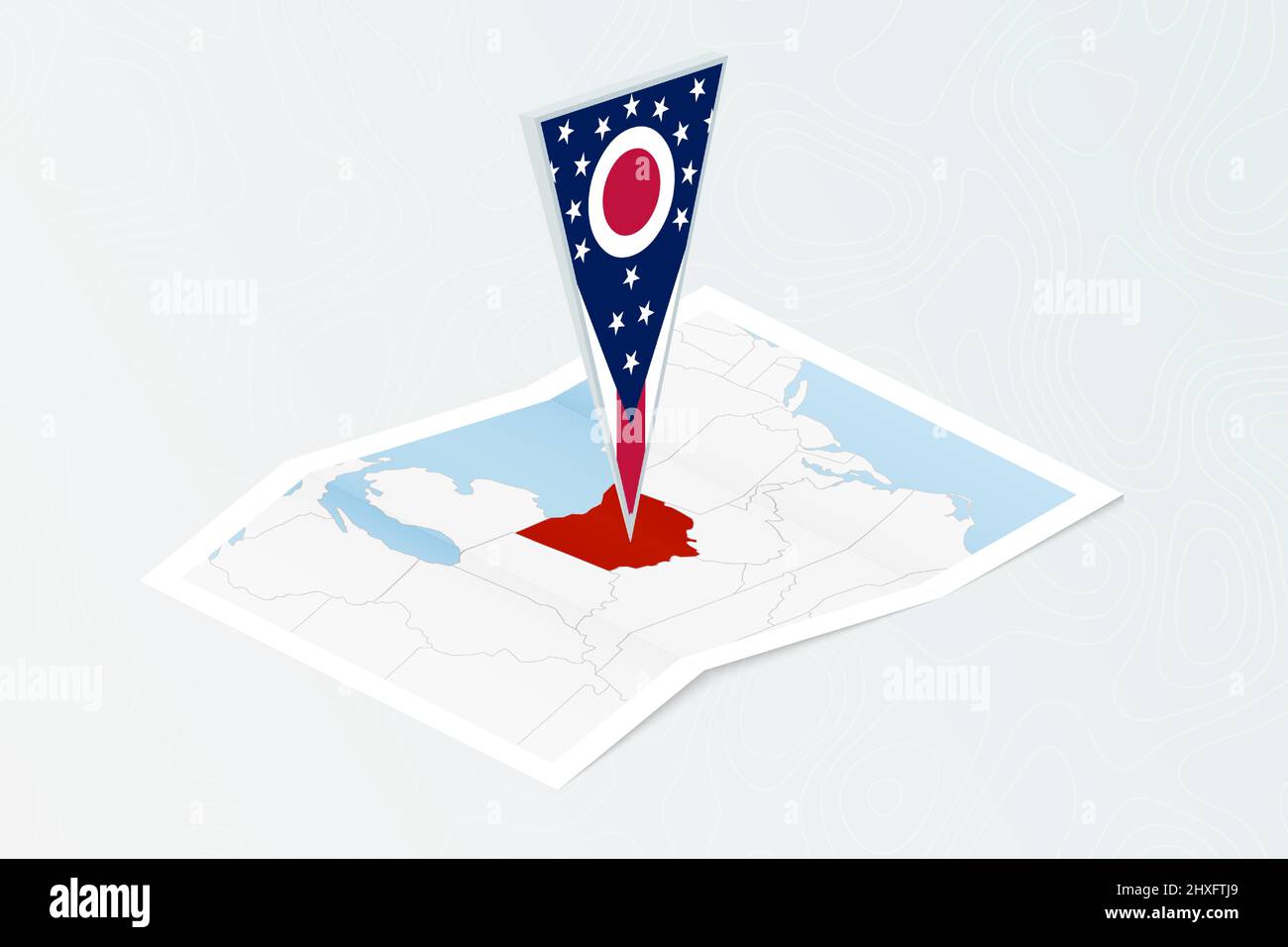 Isometric paper map of Ohio with triangular flag of Ohio in isometric ...