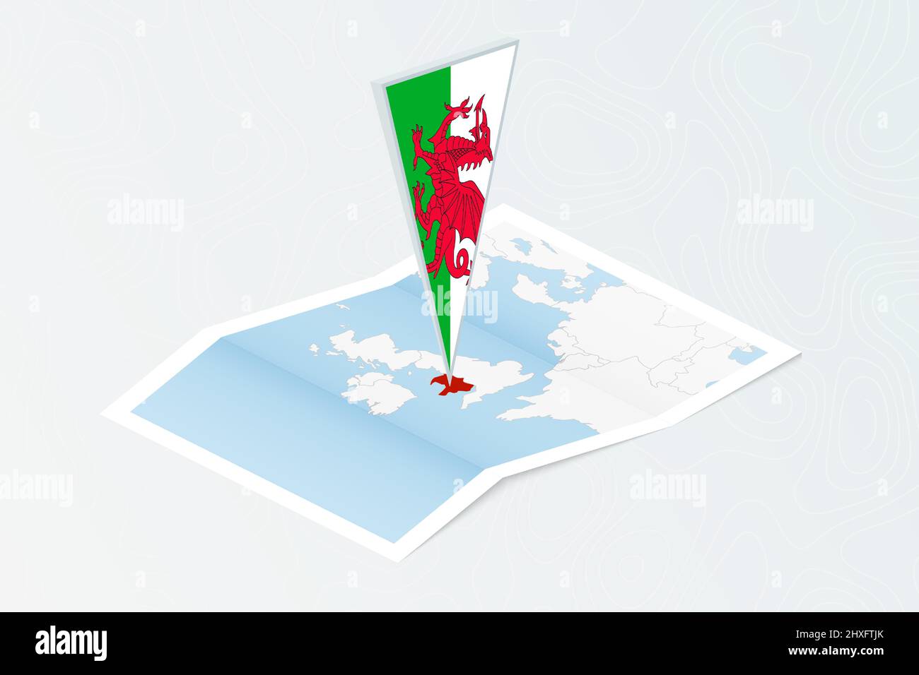 Isometric paper map of Wales with triangular flag of Wales in isometric ...