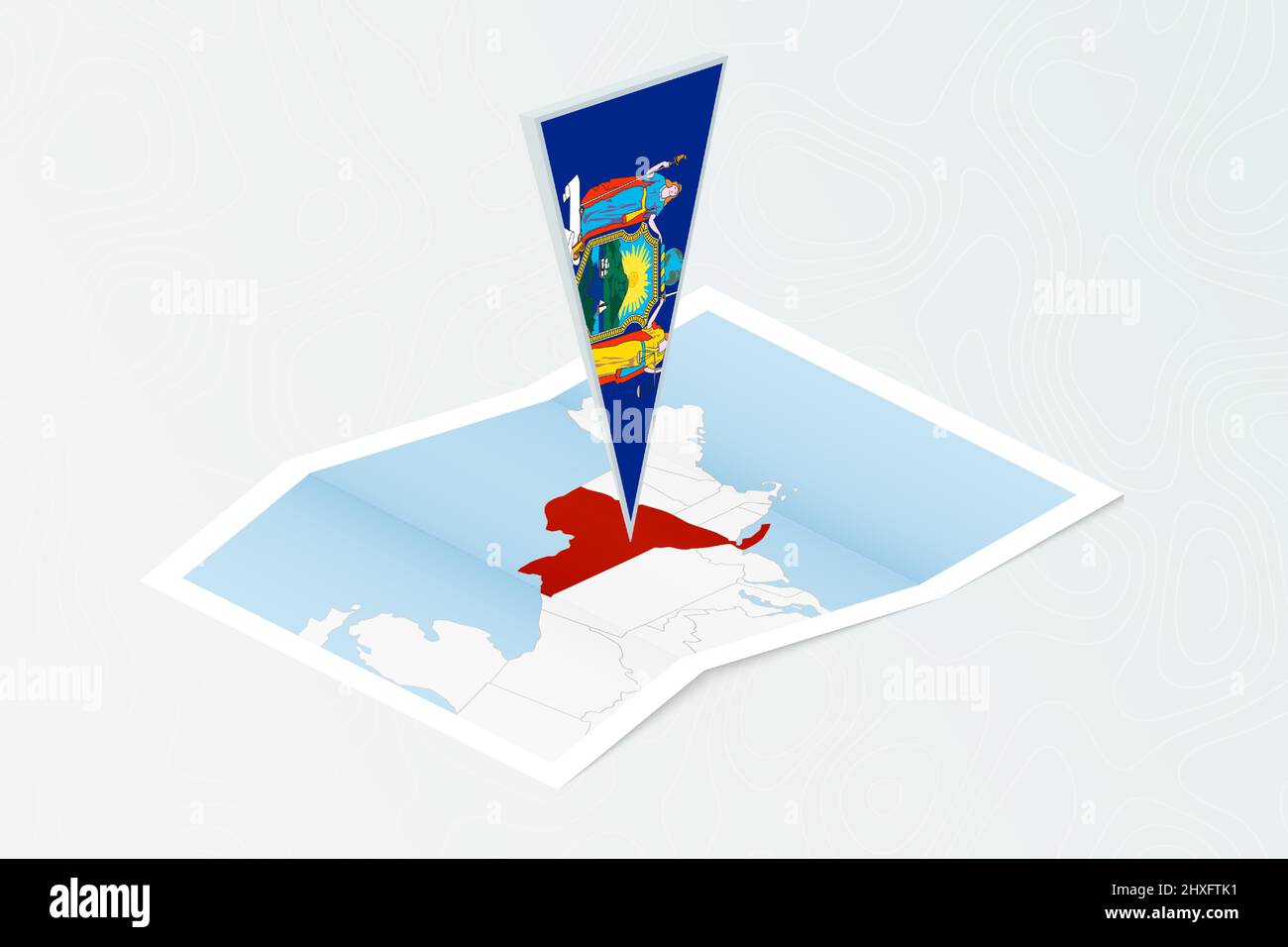 Isometric paper map of New York with triangular flag of New York in ...
