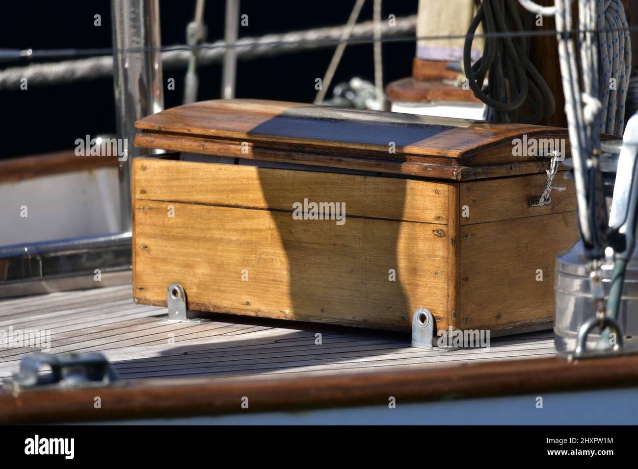 Antique sailor sea storage chest on the deck of a Greek sailing boat ...