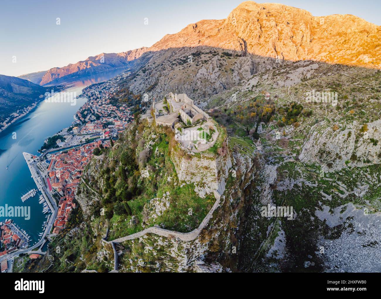 Kotor Old Town Ladder of Kotor Fortress Hiking Trail. Aerial drone view ...