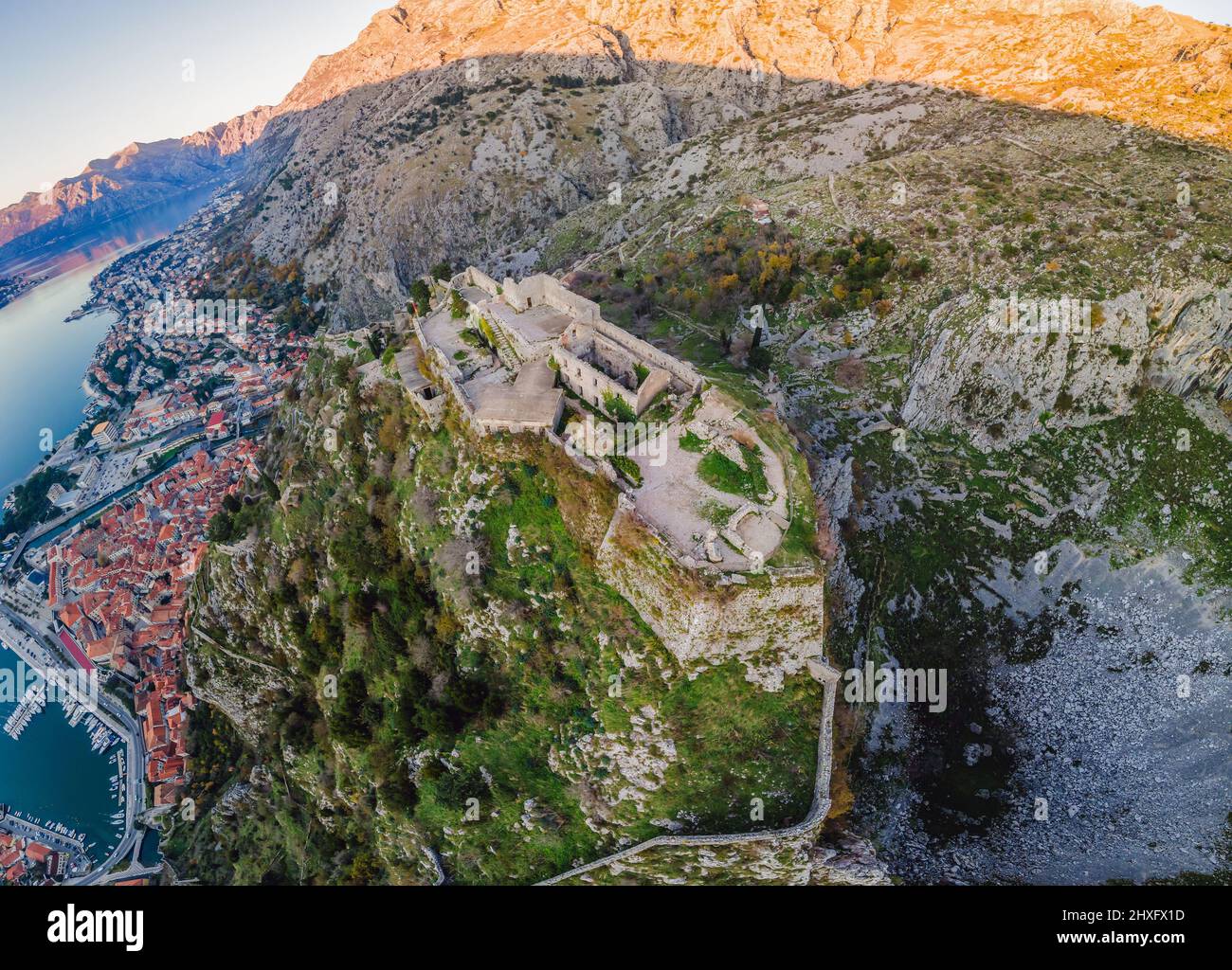 Kotor Old Town Ladder of Kotor Fortress Hiking Trail. Aerial drone view ...
