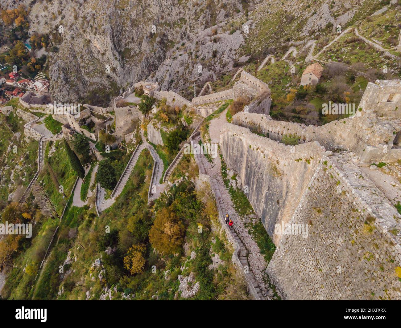 Kotor Old Town Ladder of Kotor Fortress Hiking Trail. Aerial drone view ...