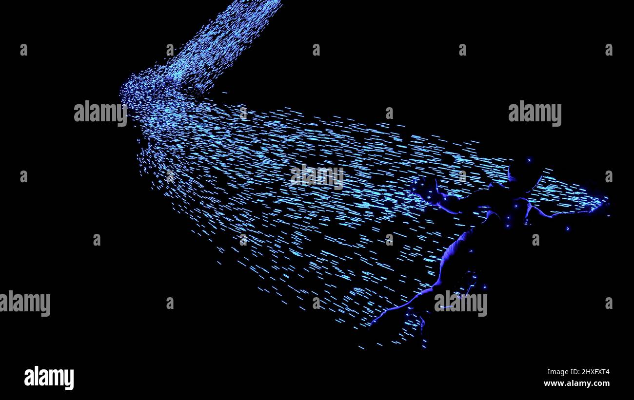 Man with glowing particles. Design. Person falls in dark leaving trail ...