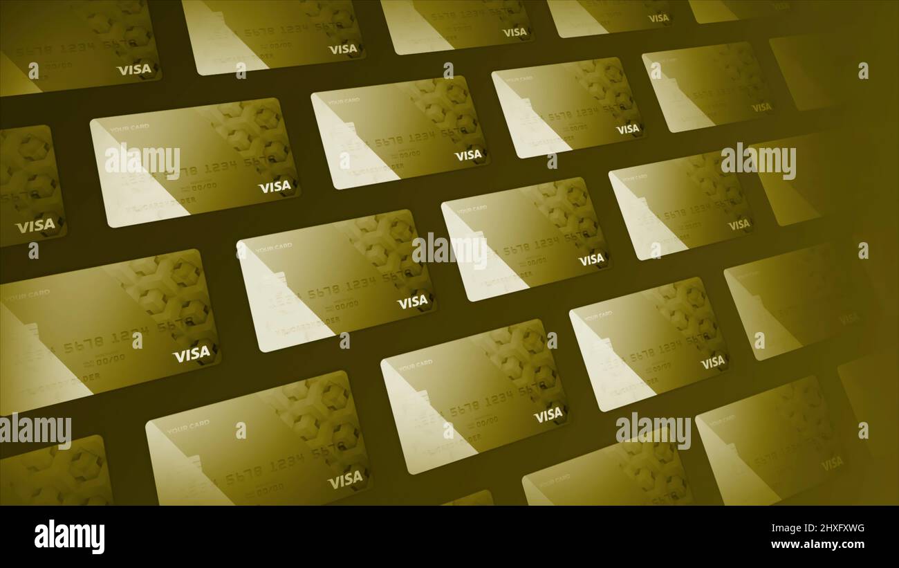 Credit card symbols floating in many rows. Motion. Golden beautiful ...