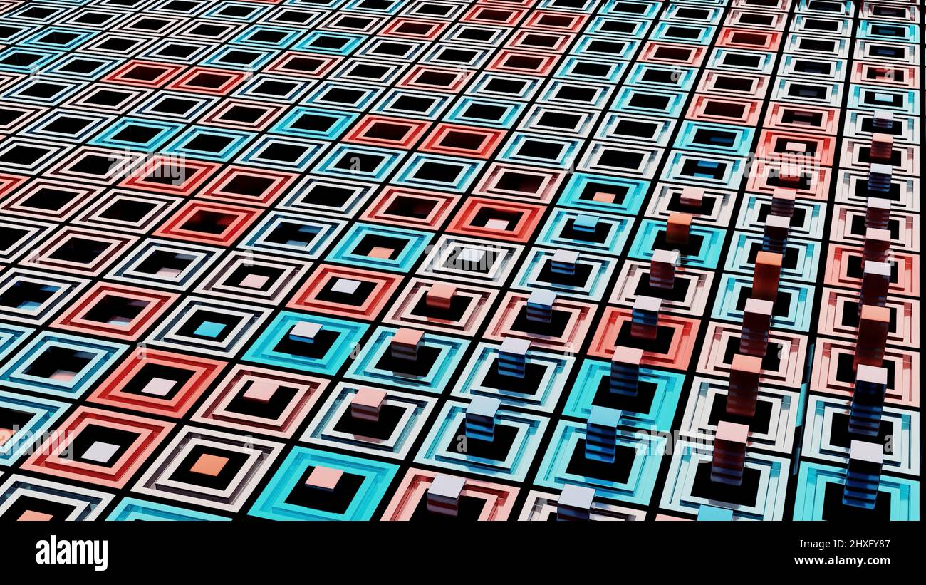 Abstract colorful surface with square shaped holes and growing pillars ...