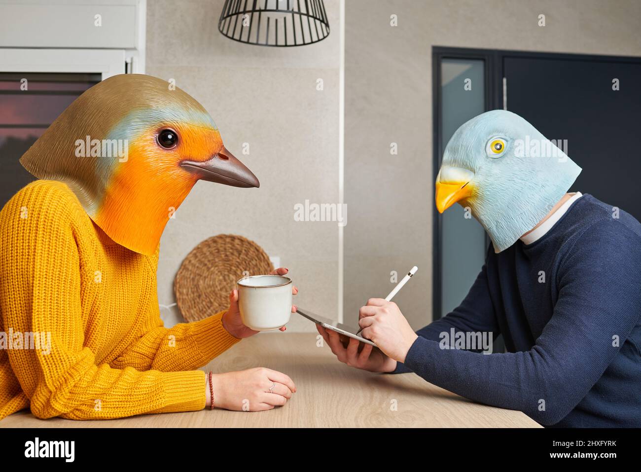 Couple disguised with bird mask make family life in the kitchen Stock ...