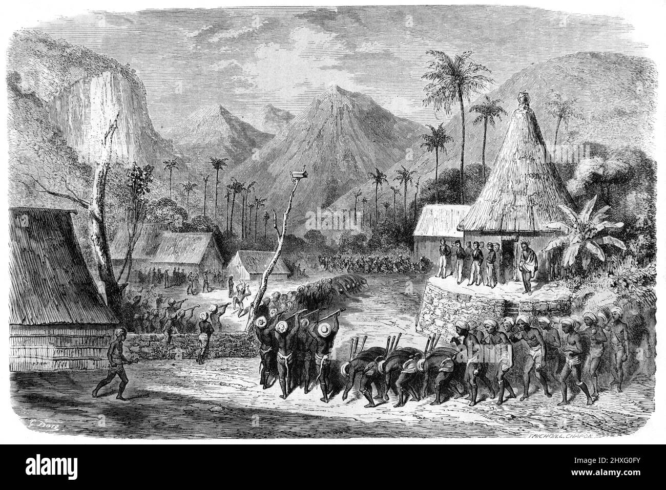 Fijian War Dance and Fijian Village Fiji. Vintage Illustration or ...