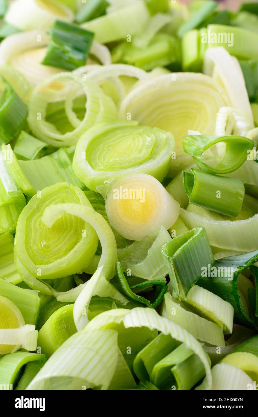 pile of sliced leek, cut pieces of long thin vegetable, closeup taken ...