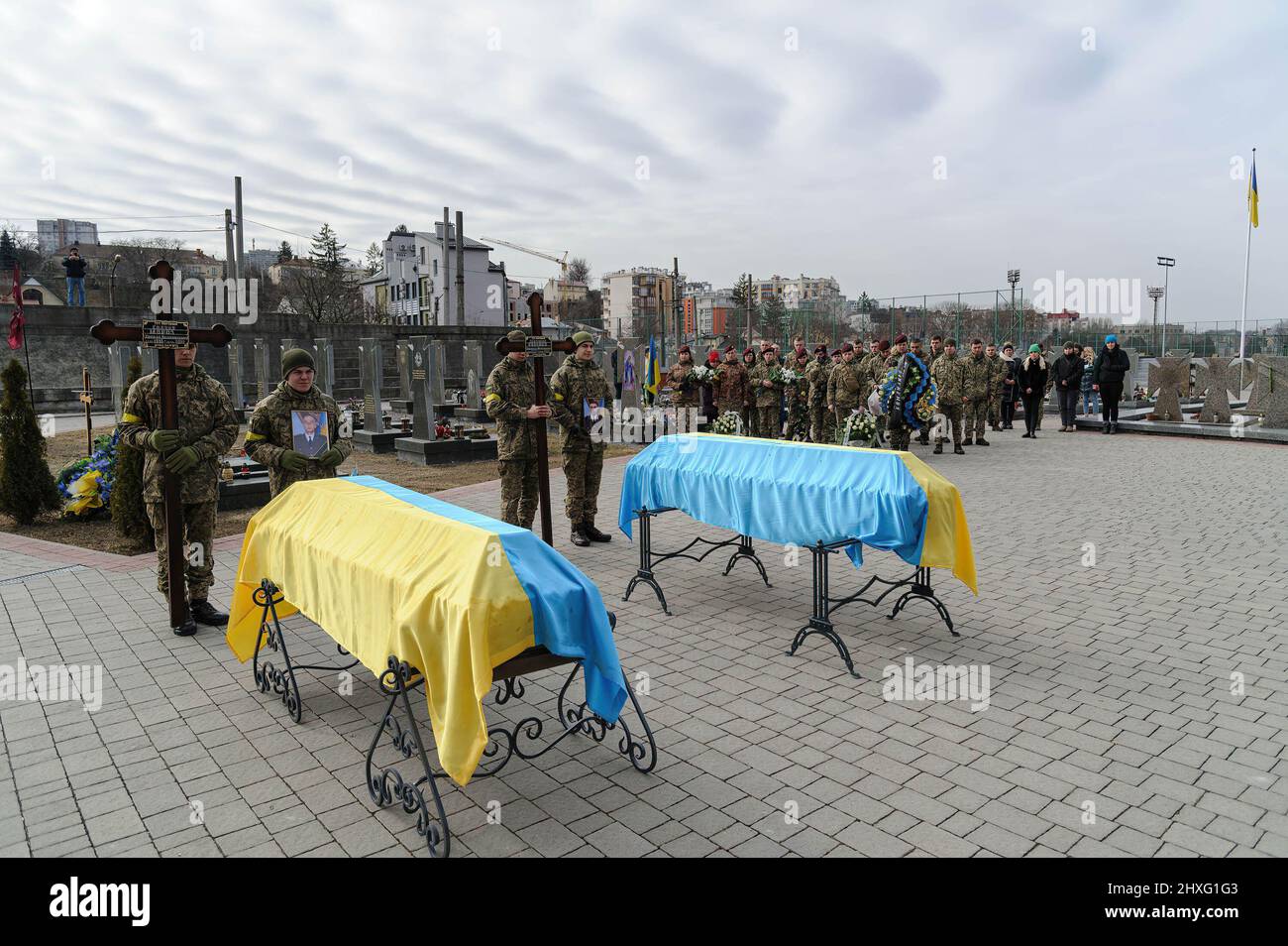 Coffins of Ukrainian soldiers who were killed during the battles with ...