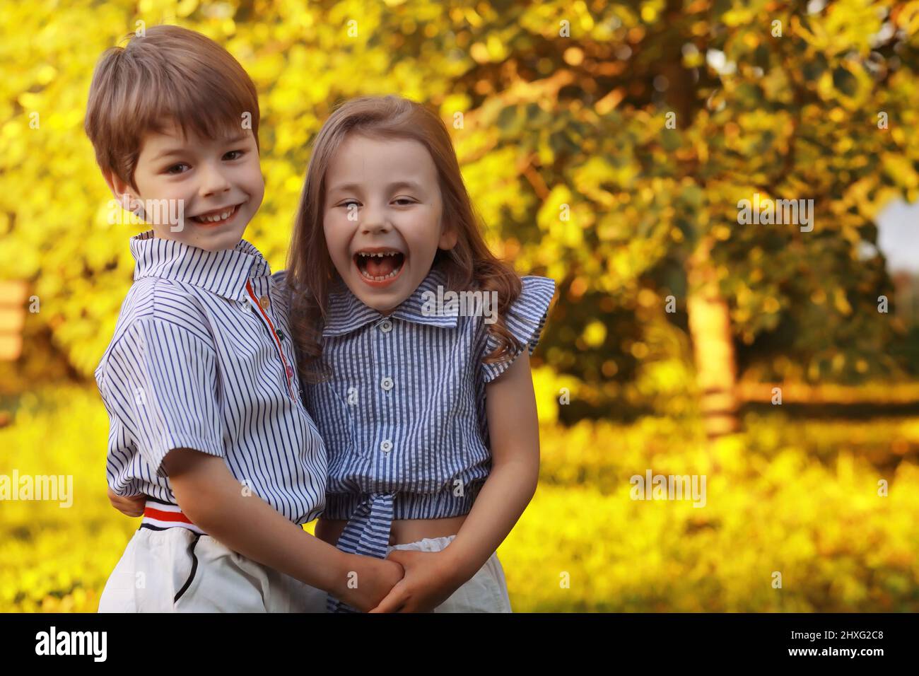 Children on a walk in the summer. Children indulge in country. Laughter ...