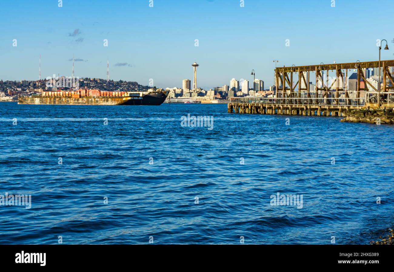A wooden pier at Jack Block Park in West Seattle, Washington Stock ...