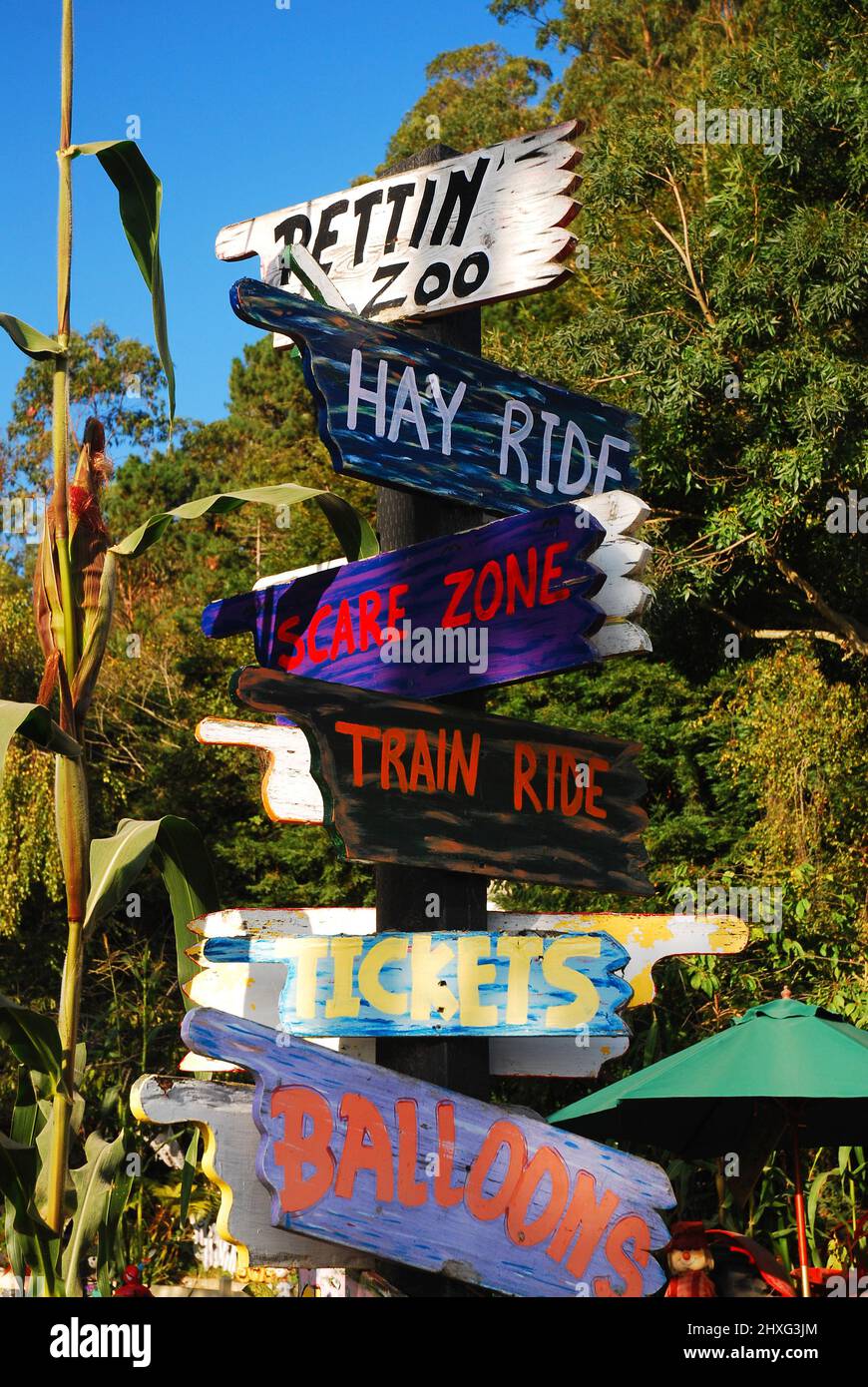 Signs point to fun events and festivities at a pumpkin patch Stock ...