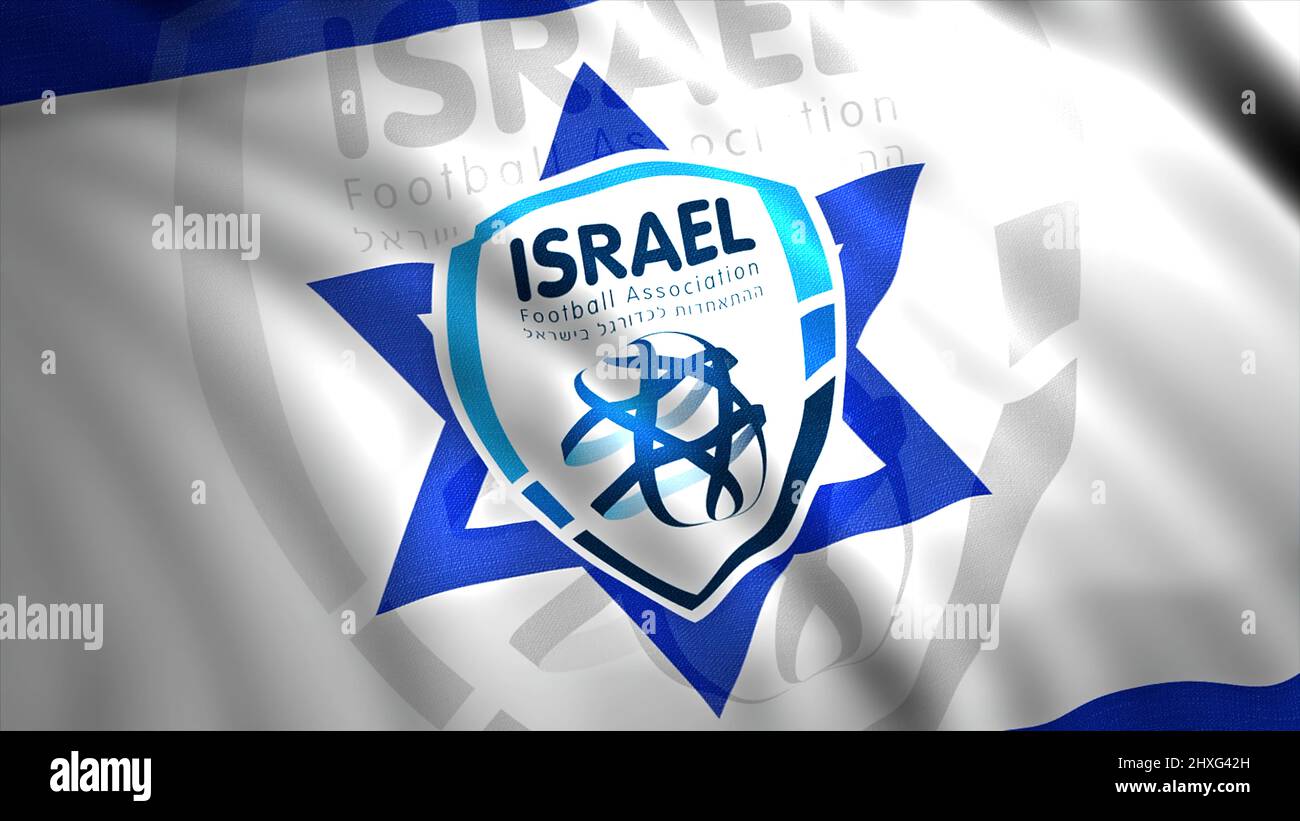 Emblem of national football team on flag of country. Motion. Beautiful ...