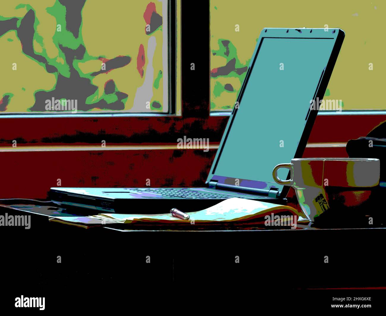 A posterized color image of a tea cup, notepad and laptop computer ...