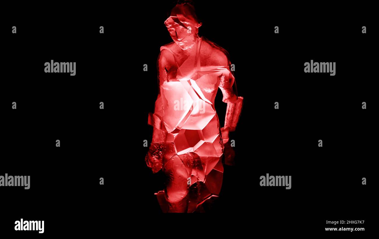 Statuette of man. Design. Glowing figure of man on black background ...