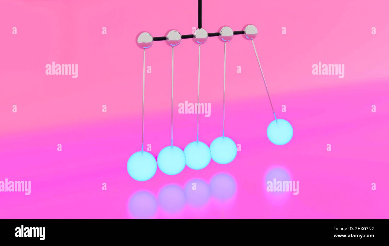 Glowing balls in Newton's pendulum. Design. 3D Newton's pendulum with ...