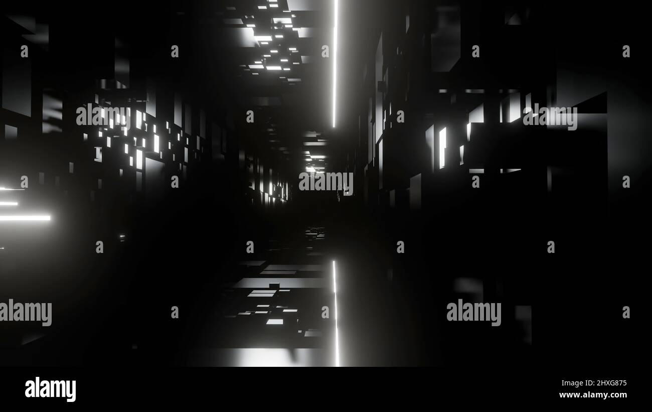 Flying through futuristic shadowy alien cube tunnel, seamless loop ...