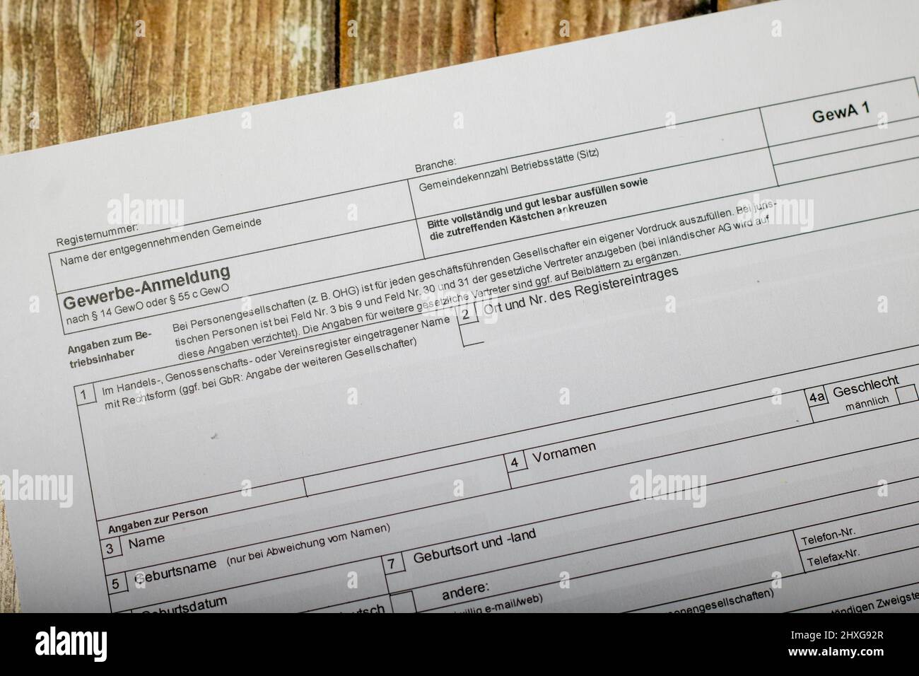German standard form for business registration with the city or ...