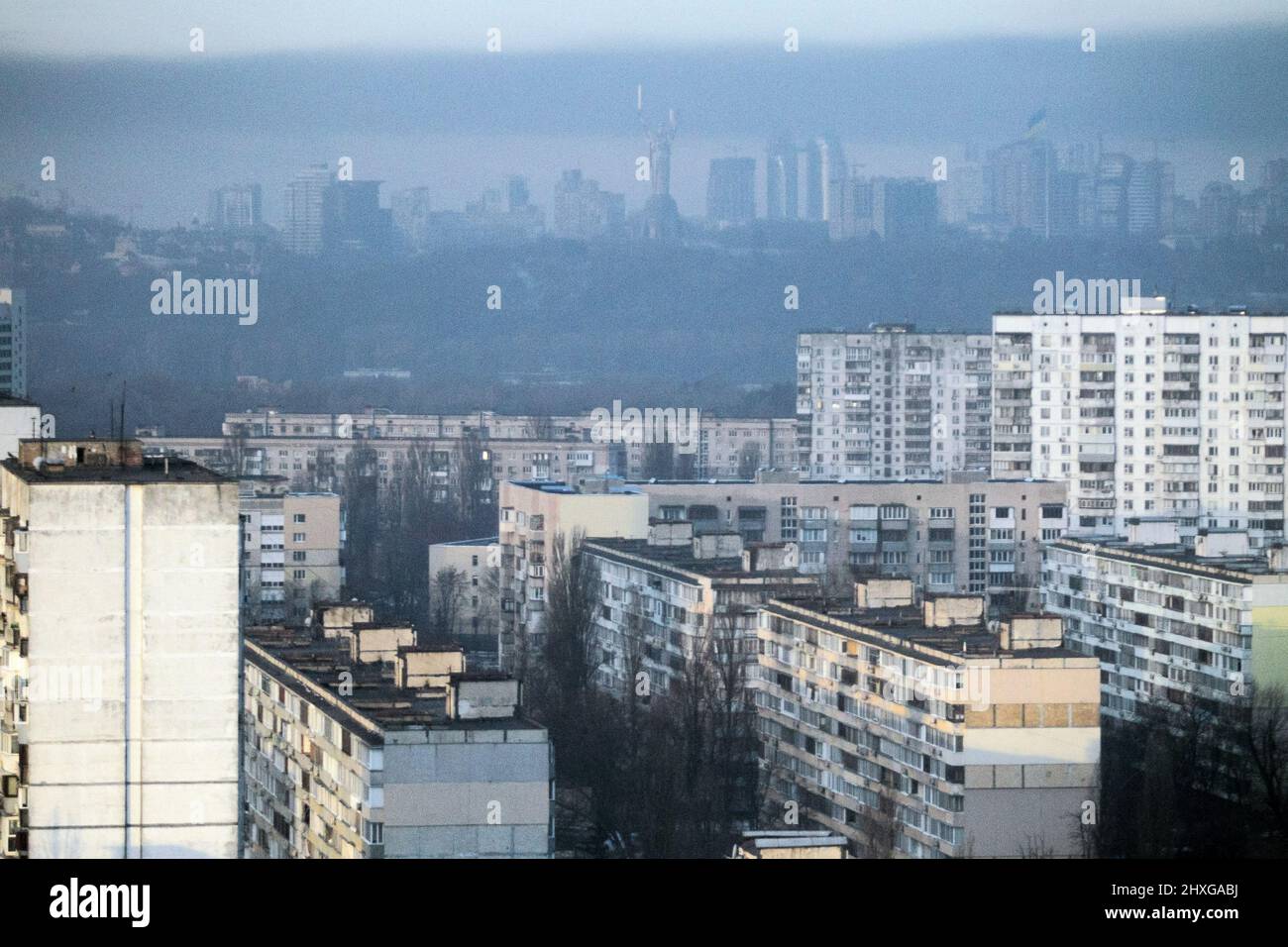 Kiev, Ukraine - March 12, 2022 - Residential tower blocks and the ...
