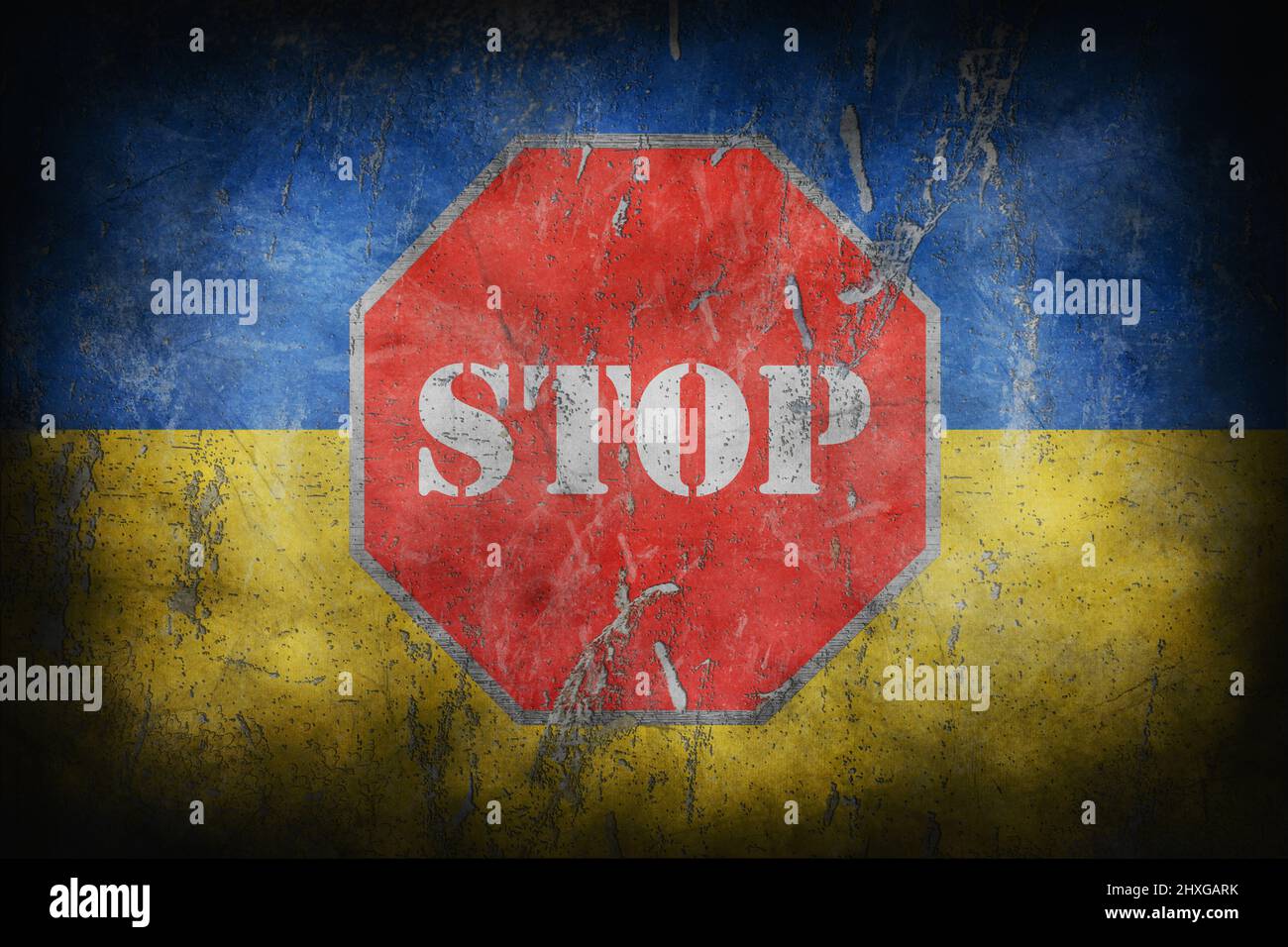 Stop sign over the flag of Ukraine. Stop war. Restricted are, war zone ...