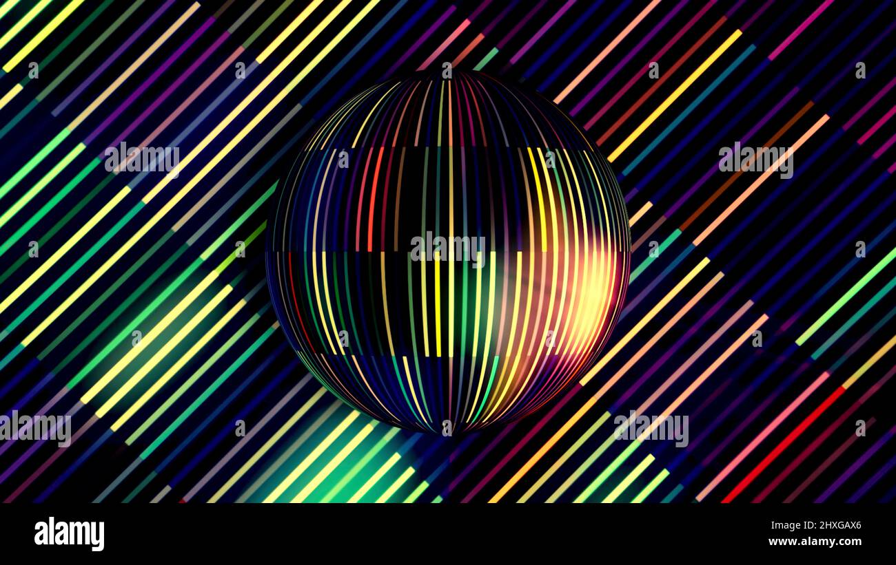 Spinning sphere covered by colorful glowing lines. Motion. Abstract ...