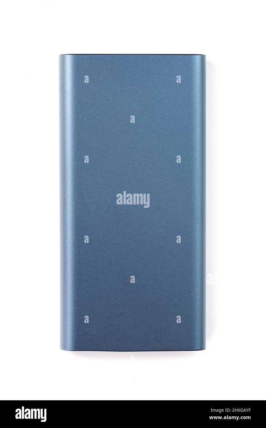 Blue Power Bank for charging mobile devices isolated on white ...